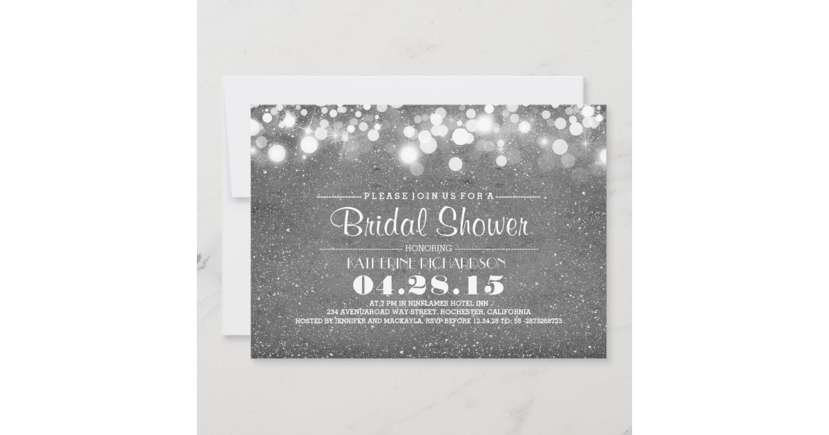silver glitter & string lights bridal shower invitation | Zazzle