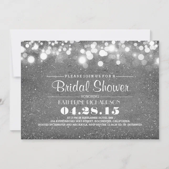 silver glitter & string lights bridal shower invitation | Zazzle
