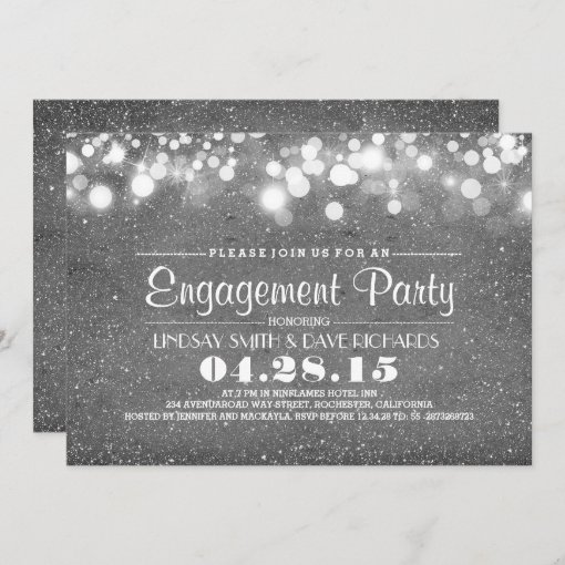 silver glitter & string lights engagement party invitation | Zazzle