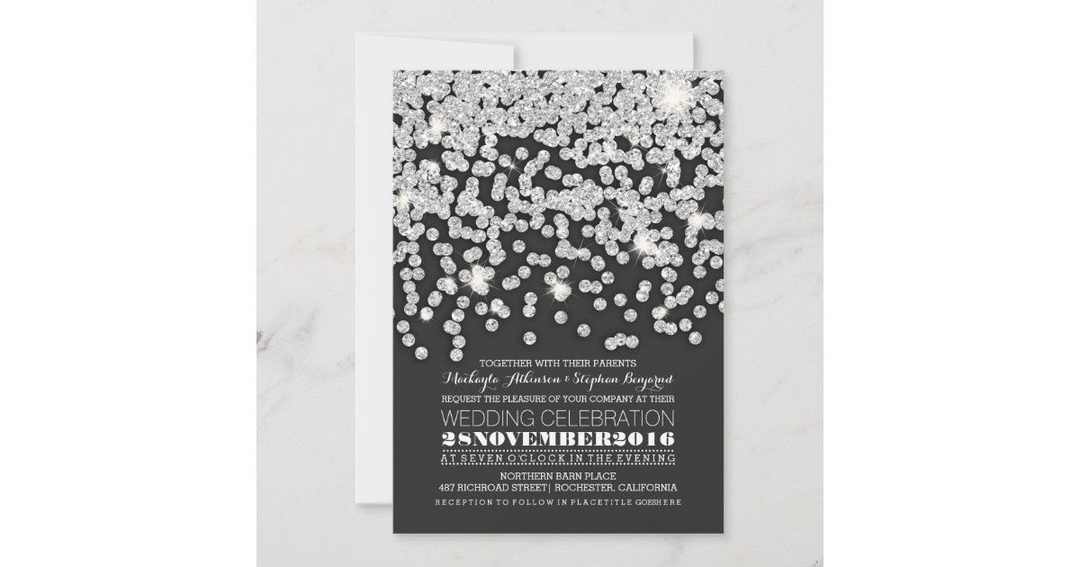 silver glitter string lights wedding invitation | Zazzle