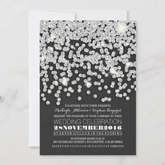 silver glitter string lights wedding invitation | Zazzle