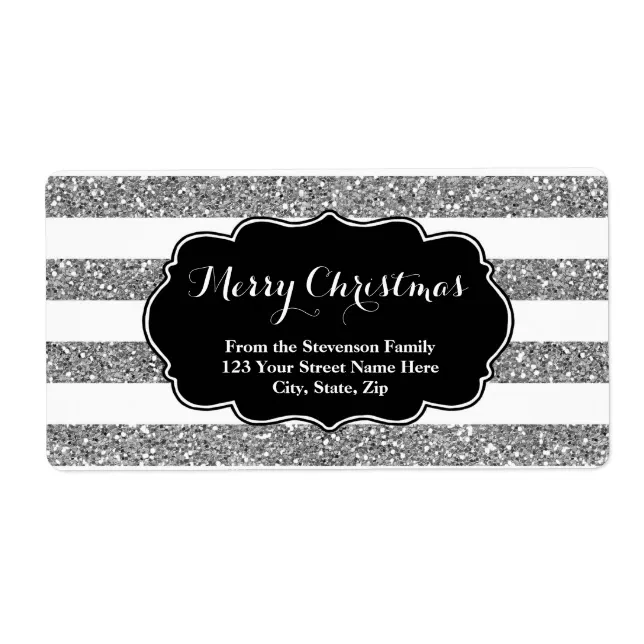 Silver Glitter Stripes Christmas Address Label | Zazzle