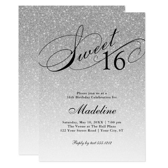 Silver Glitter Sweet 16 Fancy Script Invitation | Zazzle.com