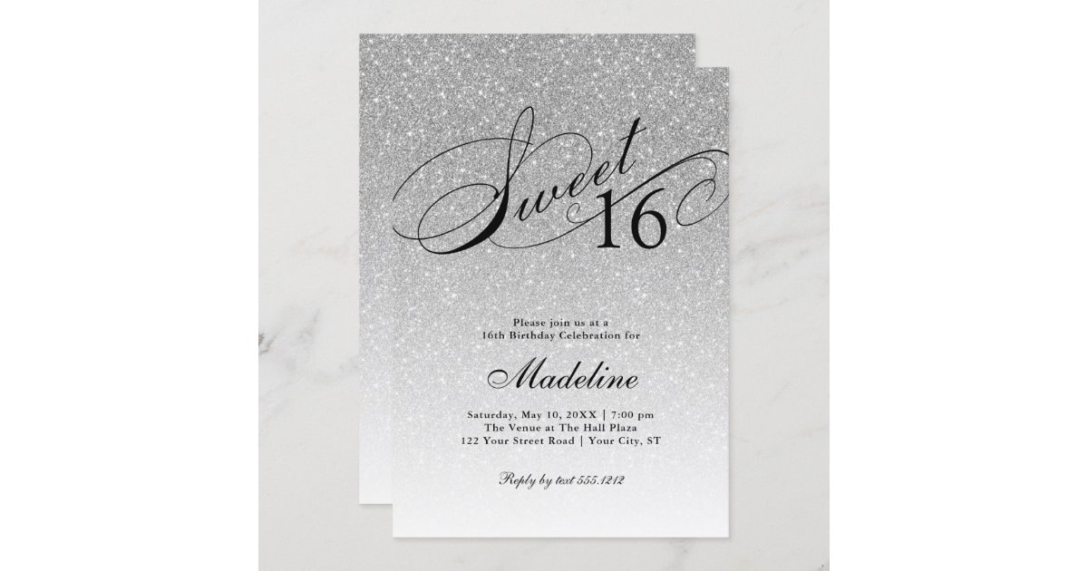 Silver Glitter Sweet 16 Fancy Script Invitation | Zazzle