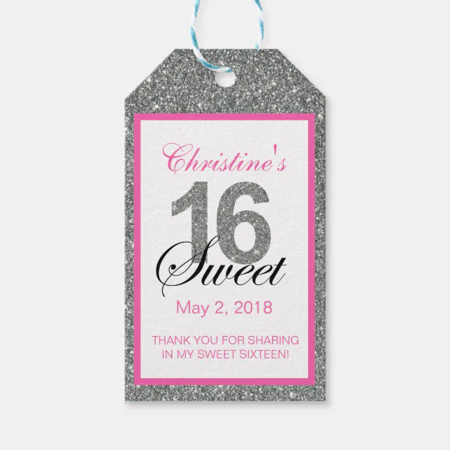 Silver Glitter Sweet 16 Party Favor | Gift Tags | Zazzle