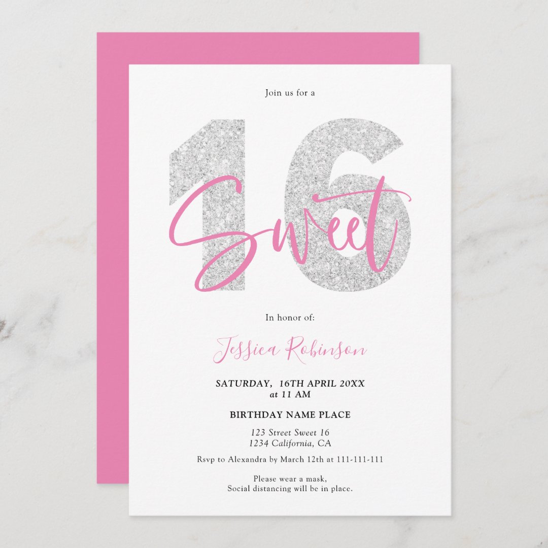 Silver glitter Sweet 16 script photo birthday Invitation | Zazzle