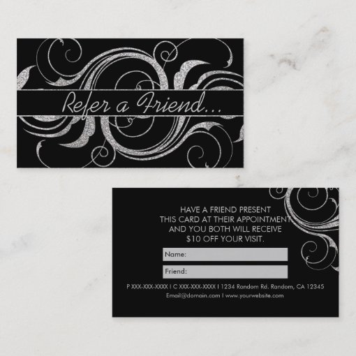 Silver glitter swirls refer a friend business card | Zazzle