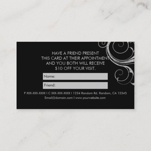 Silver glitter swirls refer a friend business card | Zazzle