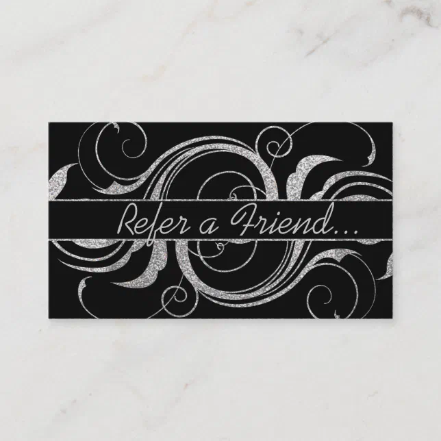 Silver glitter swirls refer a friend business card | Zazzle