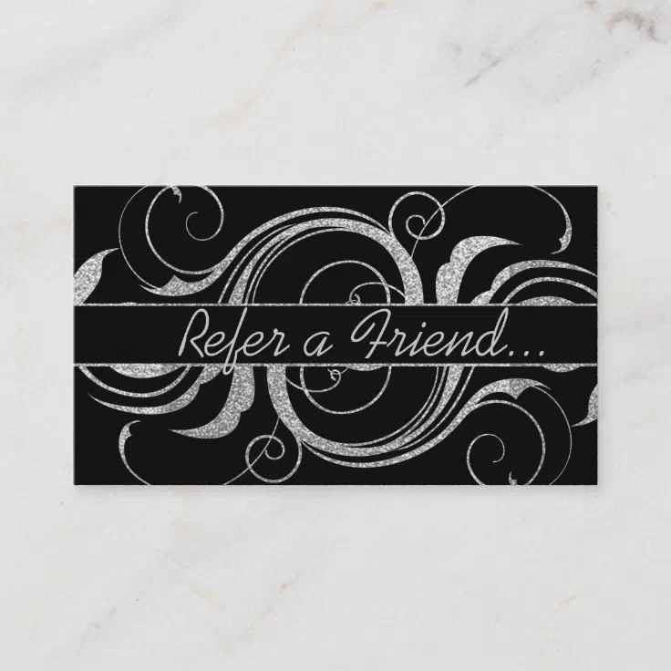 Silver glitter swirls refer a friend business card | Zazzle
