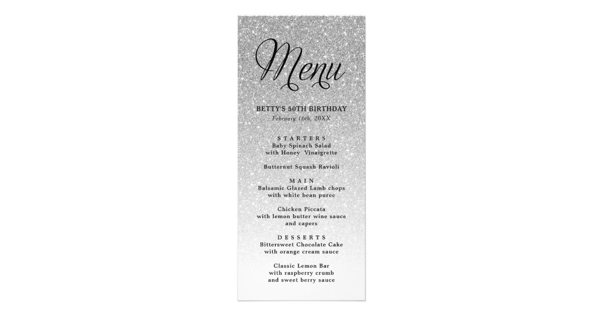 Silver Glitter Tall Menu Card | Zazzle