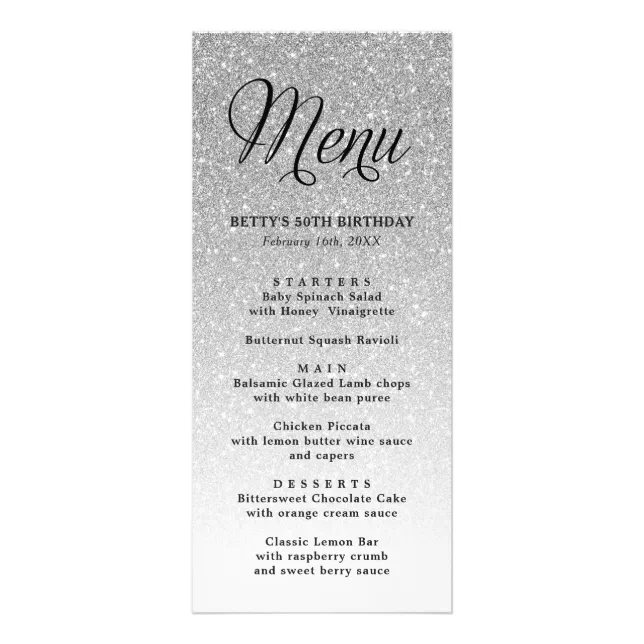 Silver Glitter Tall Menu Card | Zazzle
