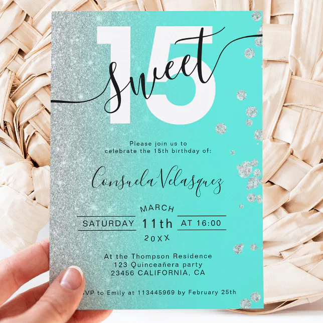 Silver glitter teal Quinceanera photo mis quince Invitation | Zazzle