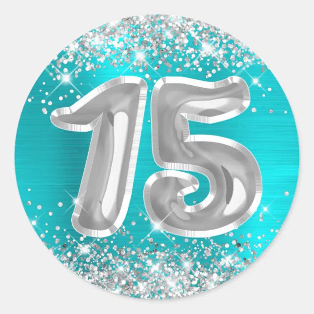 Silver Glitter Turquoise Blue Number 15 Birthday Classic Round Sticker ...