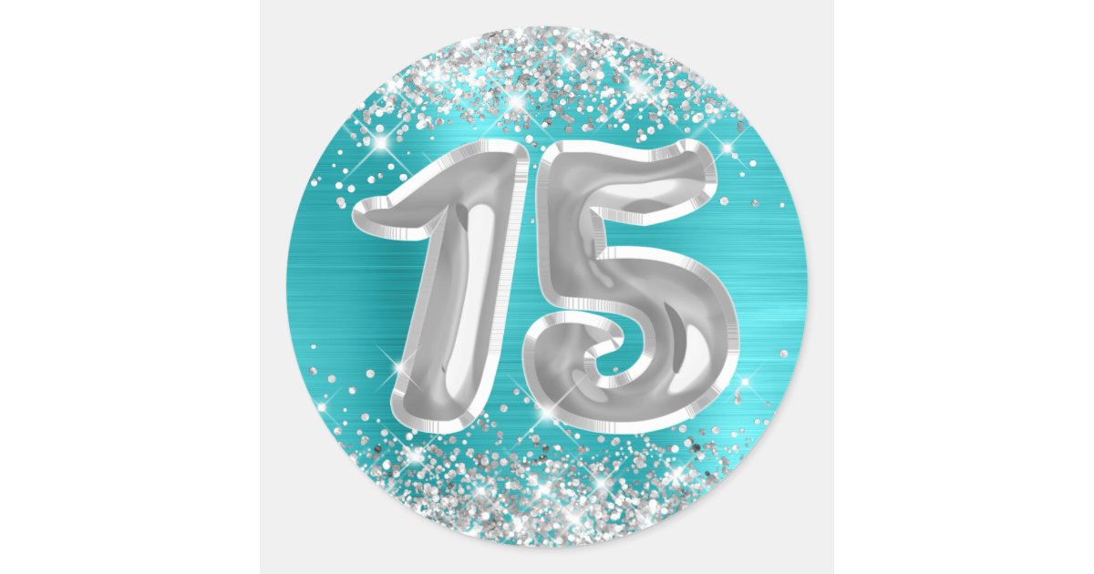 Silver Glitter Turquoise Blue Number 15 Birthday Classic Round Sticker ...