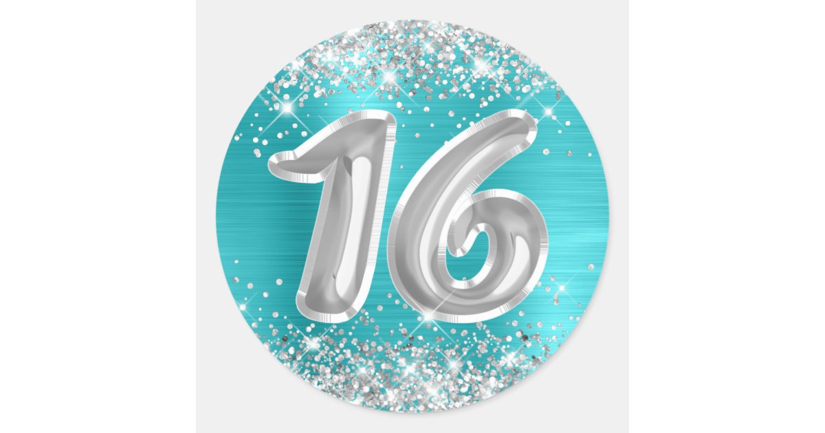 Silver Glitter Turquoise Blue Number 16 Birthday Classic Round Sticker ...