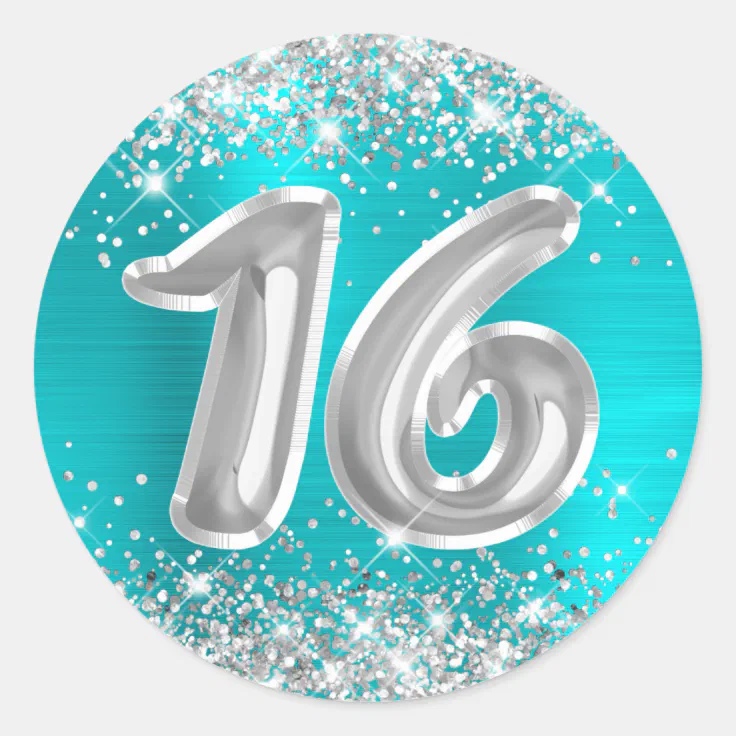 Silver Glitter Turquoise Blue Number 16 Birthday Classic Round Sticker ...