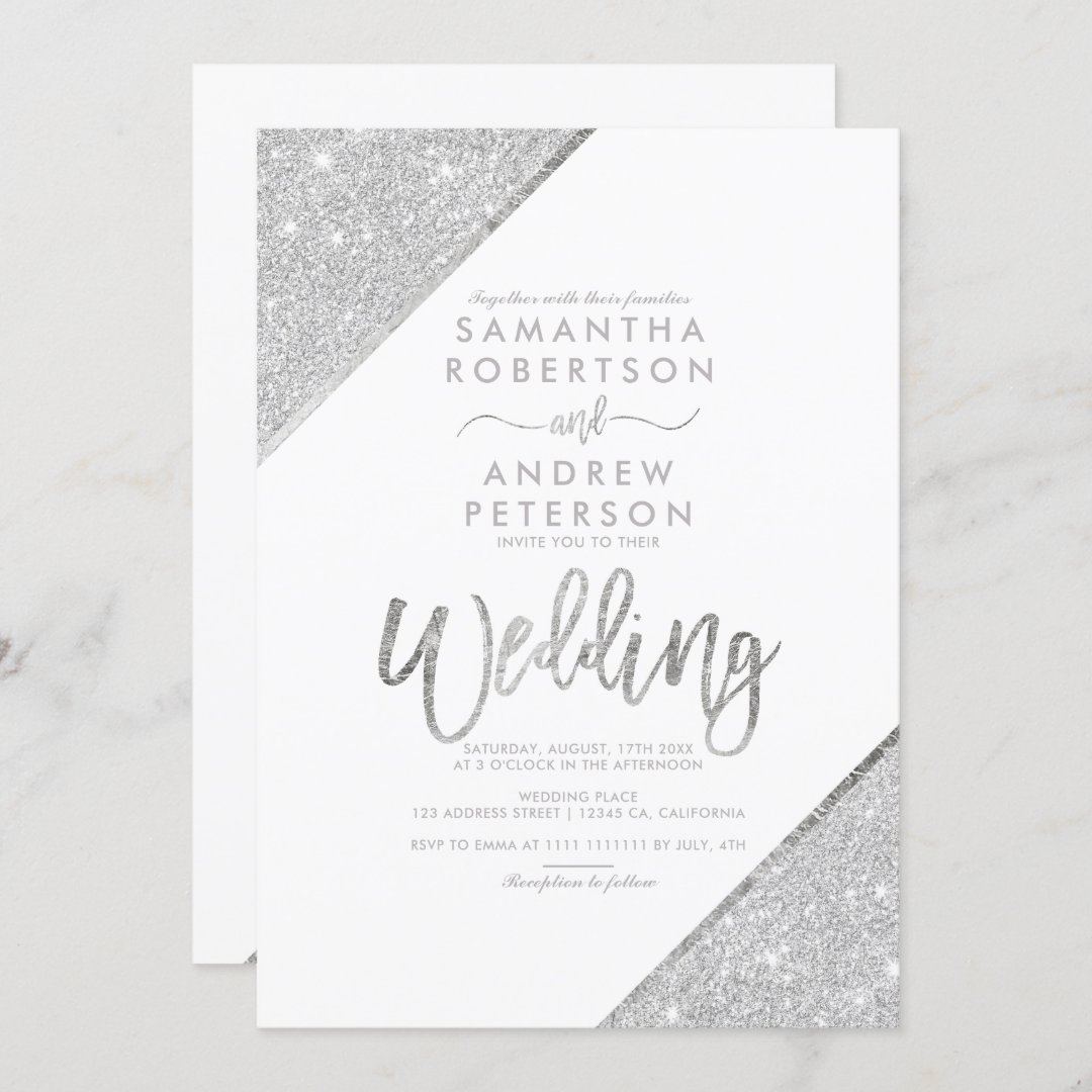 Silver glitter typography white wedding invitation | Zazzle