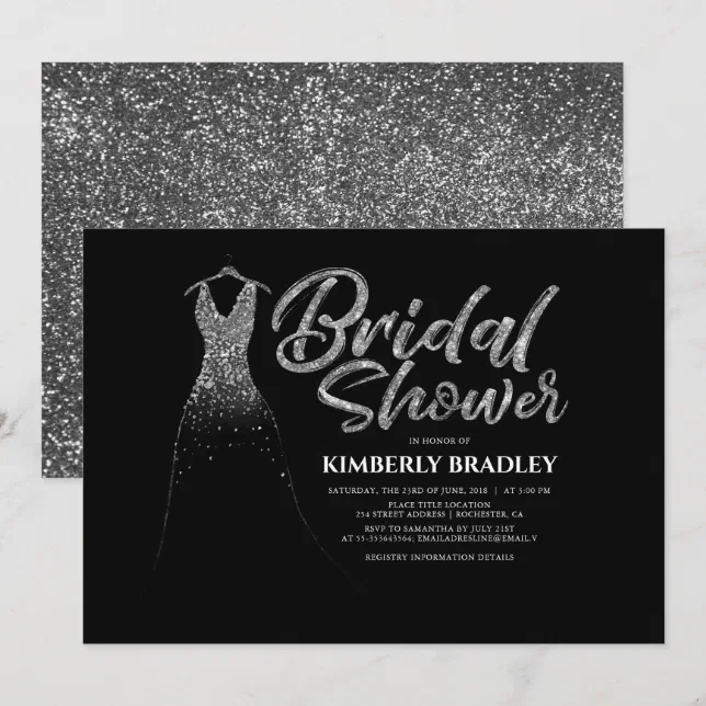 Silver Glitter Wedding Dress Black Bridal Shower Invitation | Zazzle