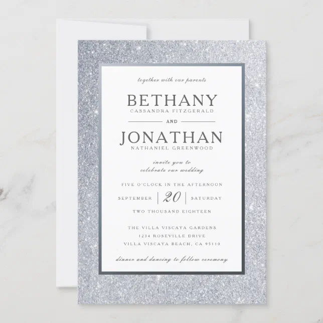 Silver Glitter Wedding Invitation | Zazzle