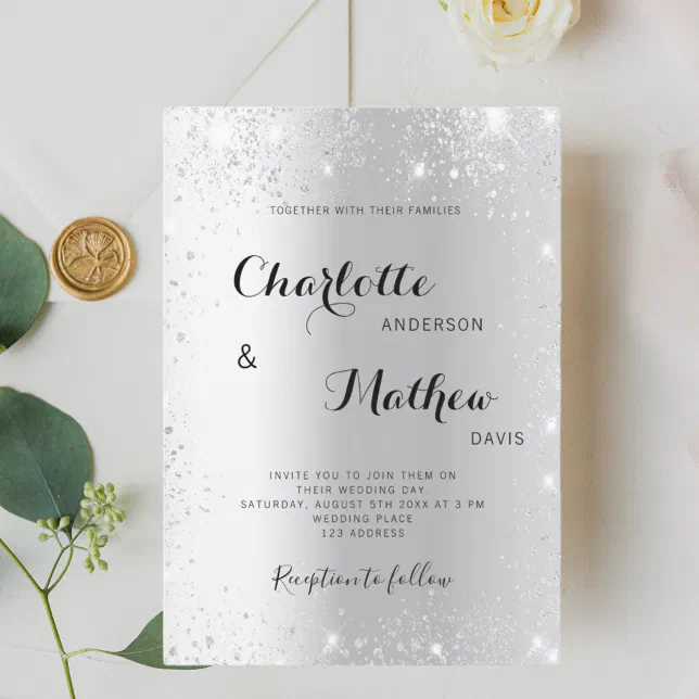 Silver glitter wedding invitation | Zazzle