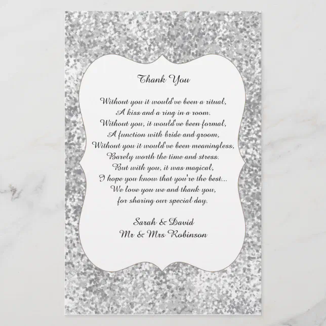 Silver Glitter Wedding Poem Thank You Favor Scroll | Zazzle