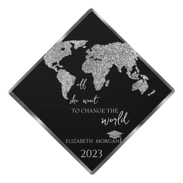 Silver Glitter World Map,Grad Cap Message | Zazzle