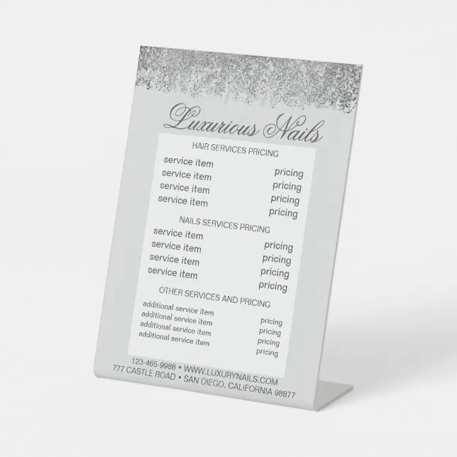Silver Glittered Nail Hair SPA Salon Menu Price Pedestal Sign | Zazzle