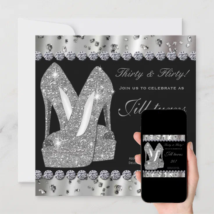 Silver glittery high heels shoes party invitation | Zazzle