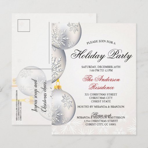 Silver Gold Baubles Christmas Holiday Party Invitation Postcard | Zazzle