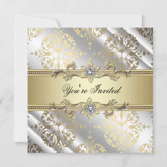 Silver Gold Damask Party Invitation | Zazzle