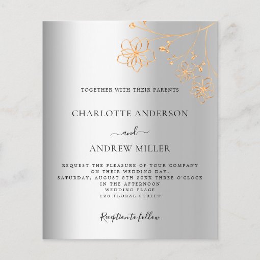 Silver gold floral budget wedding invitation | Zazzle