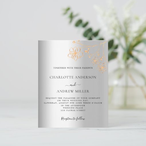 Silver gold floral budget wedding invitation | Zazzle