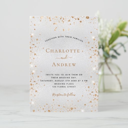 Silver gold glitter dust metal elegant wedding invitation | Zazzle