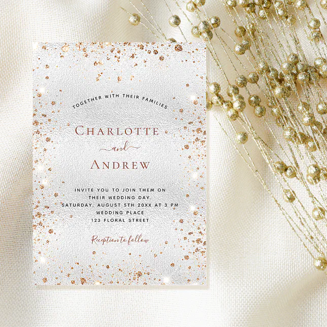 Silver gold glitter dust metal elegant wedding invitation | Zazzle