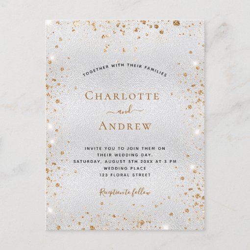 Silver gold glitter dust metal elegant wedding invitation postcard | Zazzle