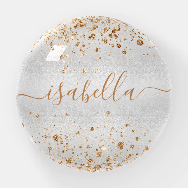 Silver gold glitter monogram name script paperweight | Zazzle