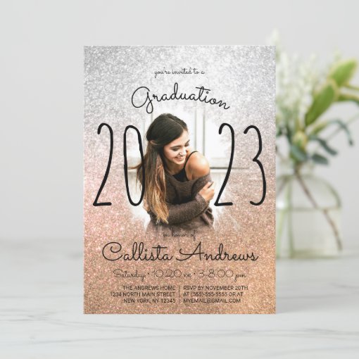 Silver Gold Glitter Ombre Halo Photo Graduation Invitation | Zazzle