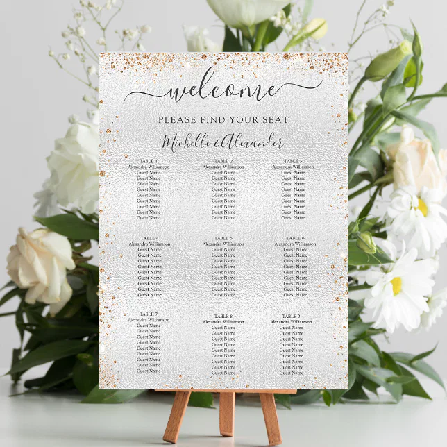 Silver gold glitter wedding dinner seating chart | Zazzle