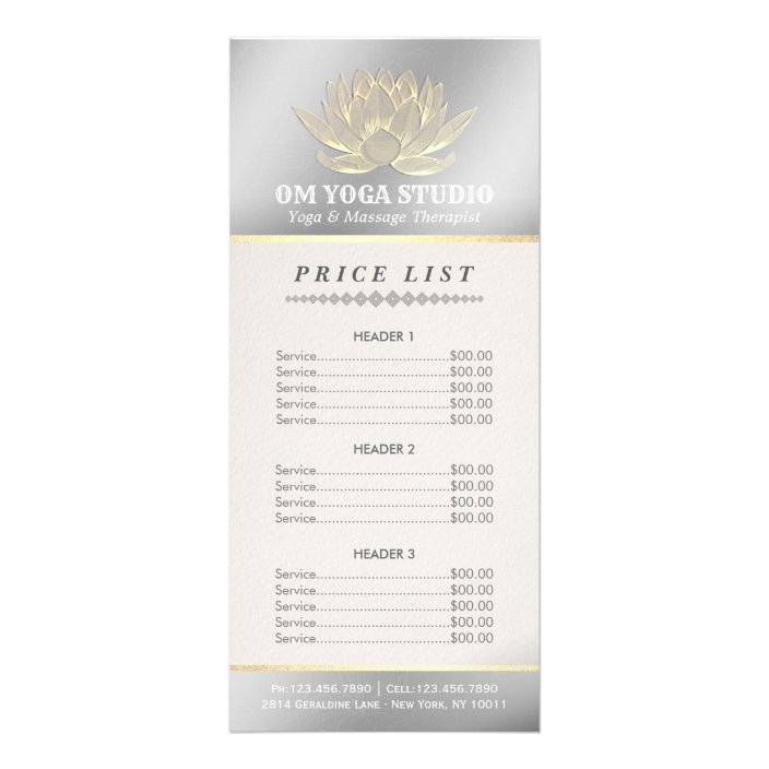 Silver Gold Lotus YOGA Reiki Instructor Price List Rack Card | Zazzle.com