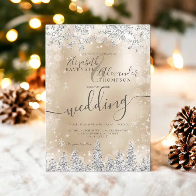 Silver gold snow pine Christmas winter wedding Invitation | Zazzle