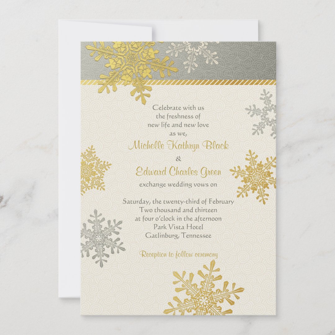 Silver Gold Snowflake Winter Wedding Invitation | Zazzle