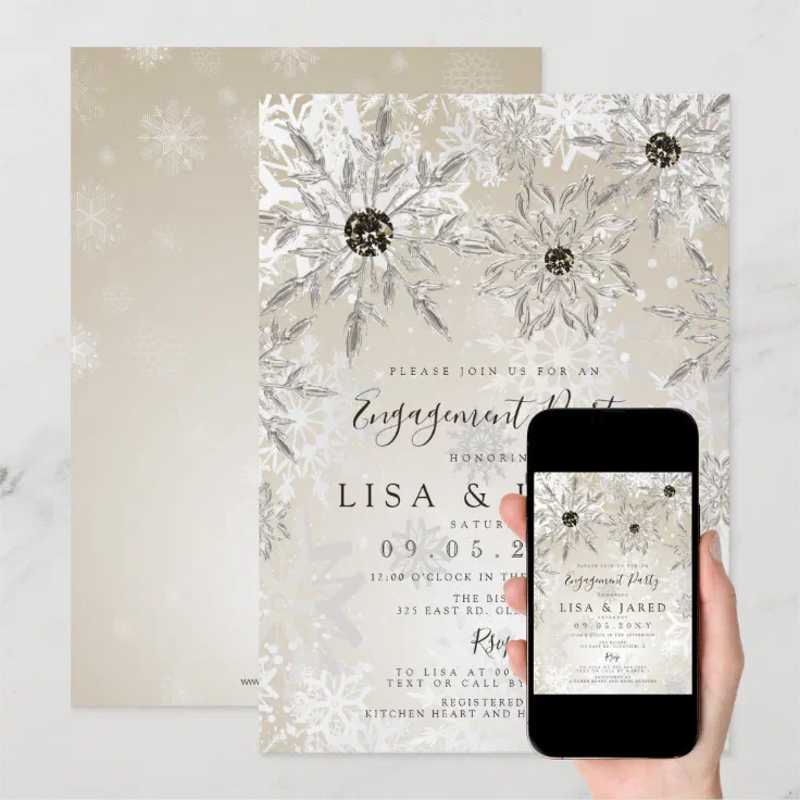 Silver Gold Snowflakes Winter Engagement Party Invitation | Zazzle