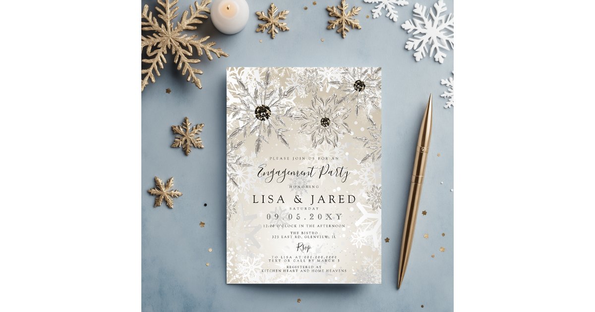 Silver Gold Snowflakes Winter Engagement Party Invitation | Zazzle