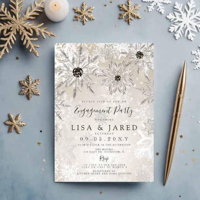 Silver Gold Snowflakes Winter Engagement Party Invitation | Zazzle