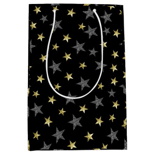 Silver & Gold Stars Black Hollywood Star Party Medium Gift Bag | Zazzle