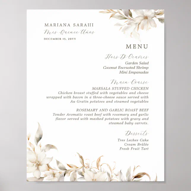 Silver Gold White Floral Quinceanera Birthday Menu Poster | Zazzle
