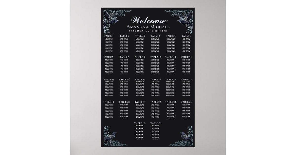 Silver Gothic Raven Wedding Seating Chart | Zazzle