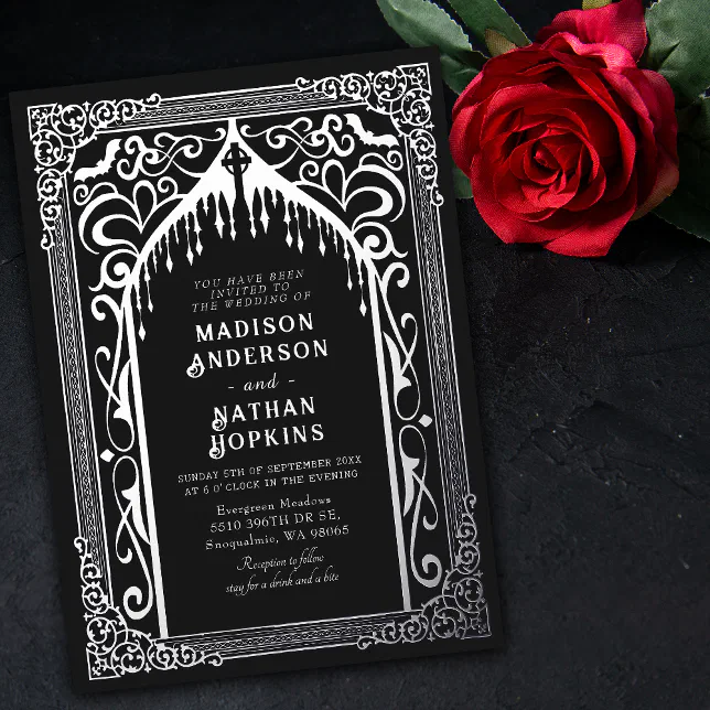 Silver Gothic Vampire Cathedral Wedding Foil Invitation | Zazzle