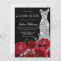 Silver Gown Red Roses Black Graduation Party Invit Invitation | Zazzle
